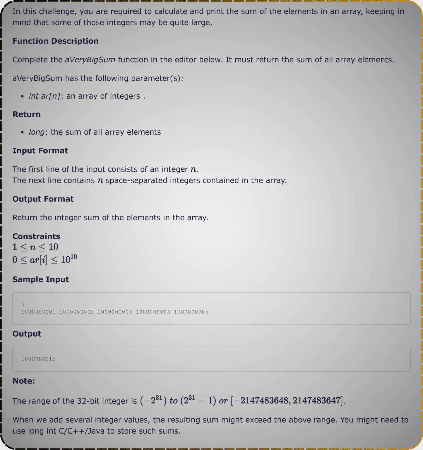 A Very Big Sum - Java HackerRank Solution » In Java