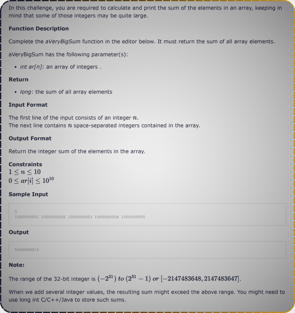 A Very Big Sum - Java HackerRank Solution » In Java