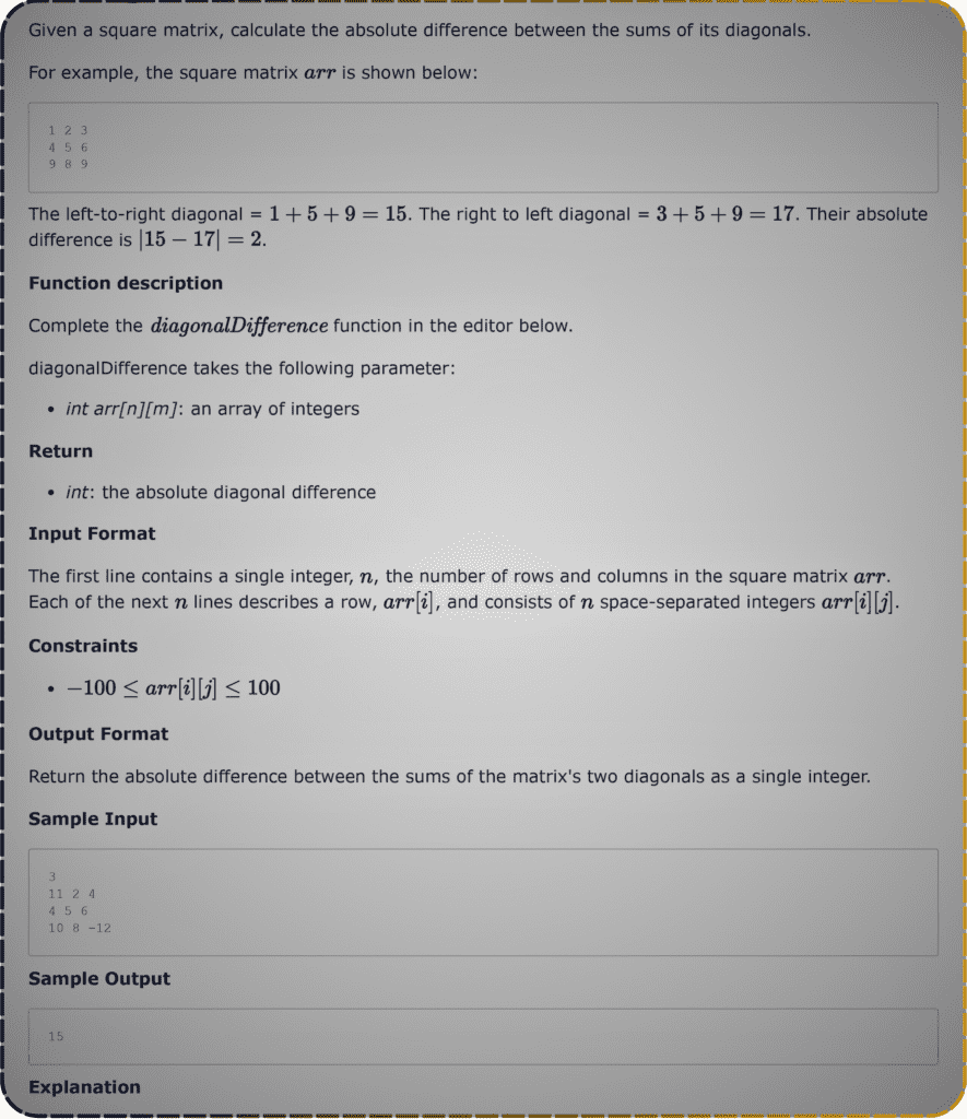Diagonal Difference - Java HackerRank Solution
